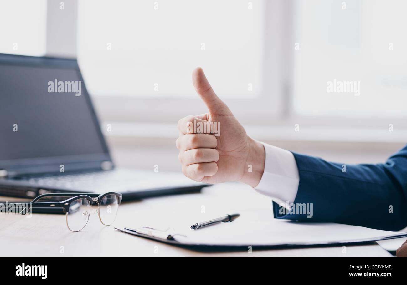gesturing with hands emotions business laptop office window Stock Photo ...