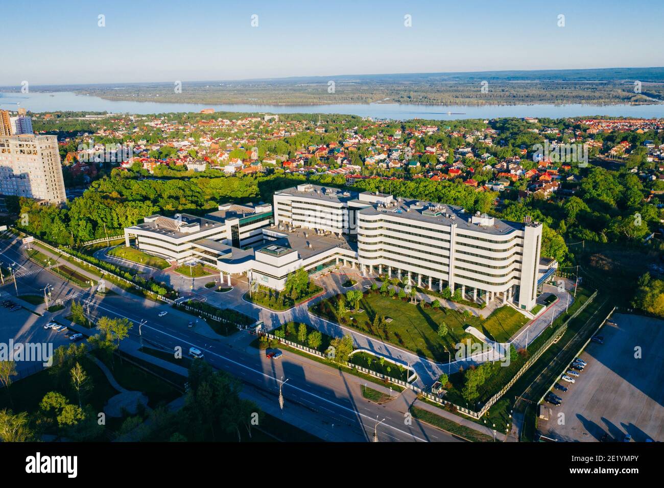 Aerial view of medical center, city hospital and living building around ...