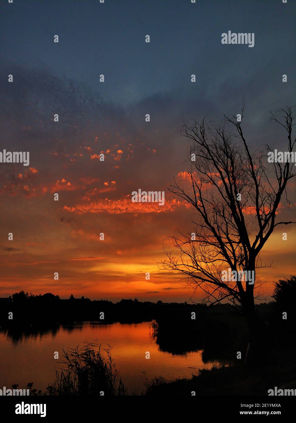 Natural landscape. Sunset over water, reflection of the sun and clouds ...