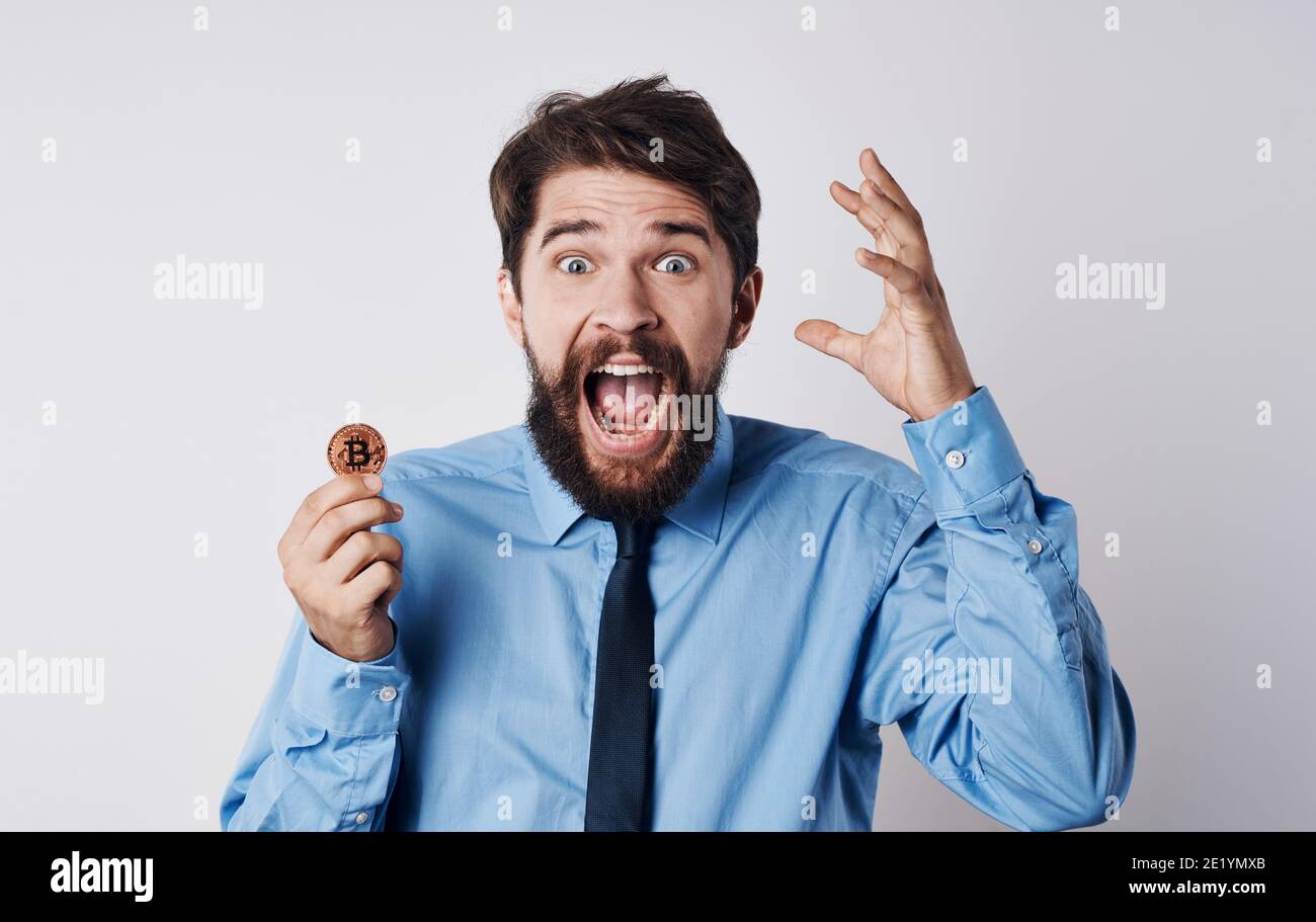 Emotional Man Stress Puzzled Look Bitcoin Cryptocurrency Model Stock ...