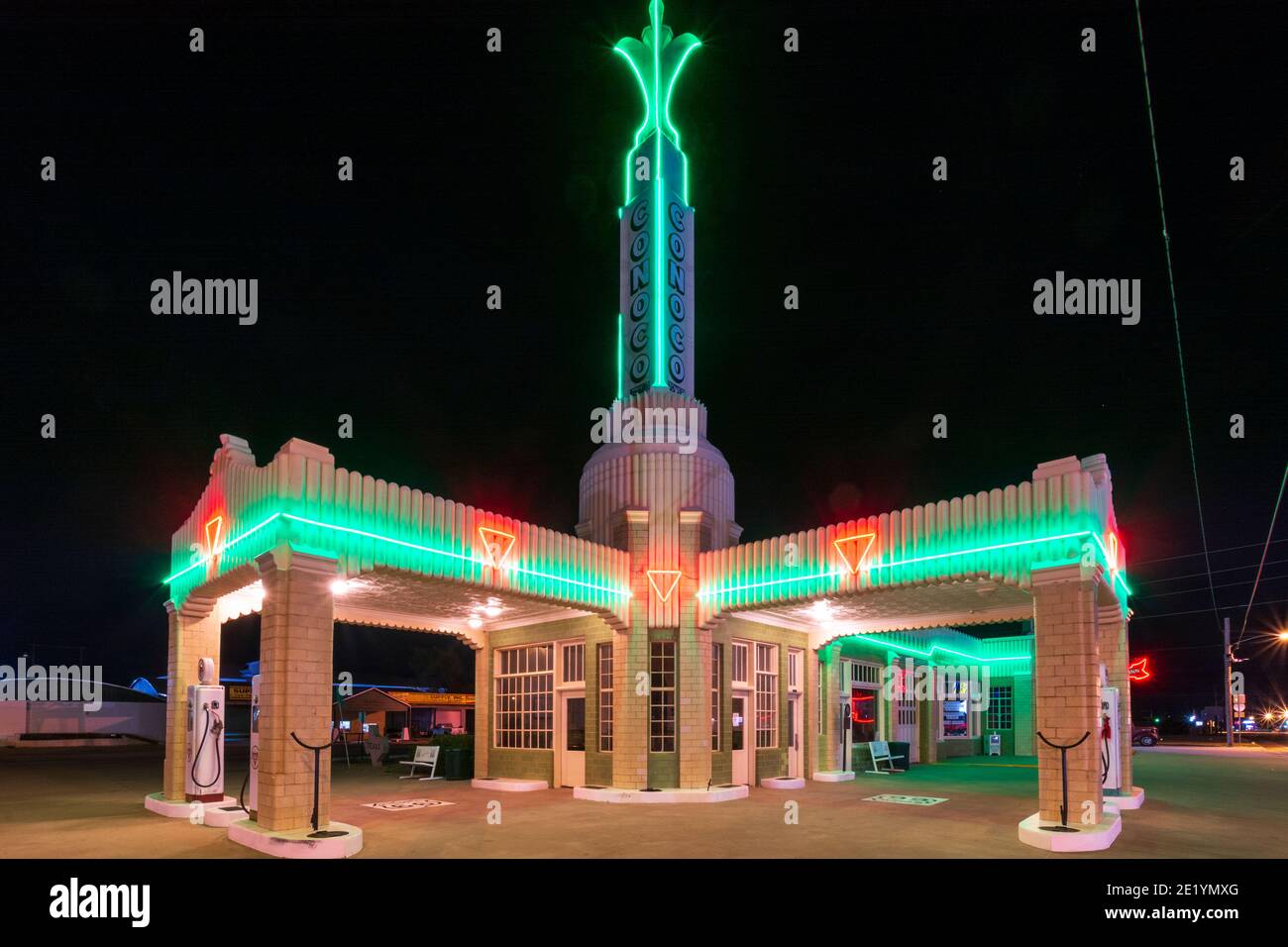 Towering Neon Lights at Historic Conoco Service Station on the Historic ...
