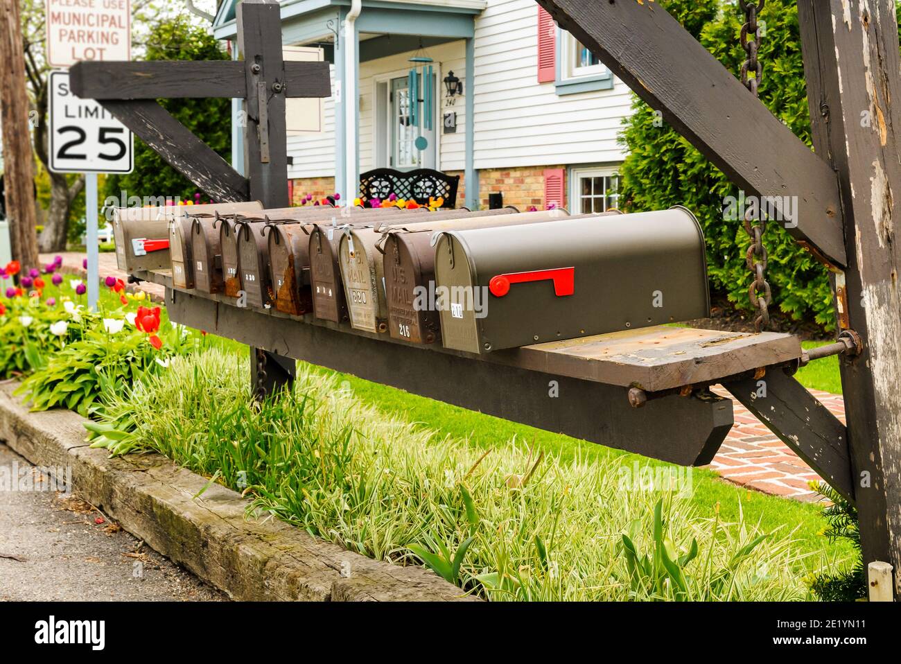 Row of old traditional american letter boxes along of a Long Grove road ...