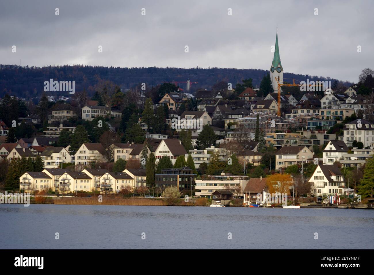 Panoramic view on village Zollikon on the bank of Lake Zurich in ...