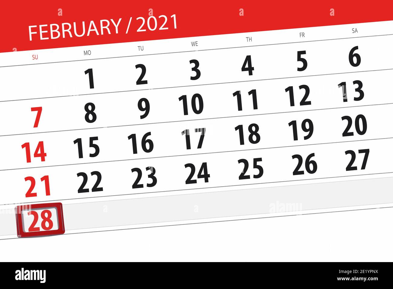 Calendar planner for the month february 2021, deadline day, 28, sunday ...