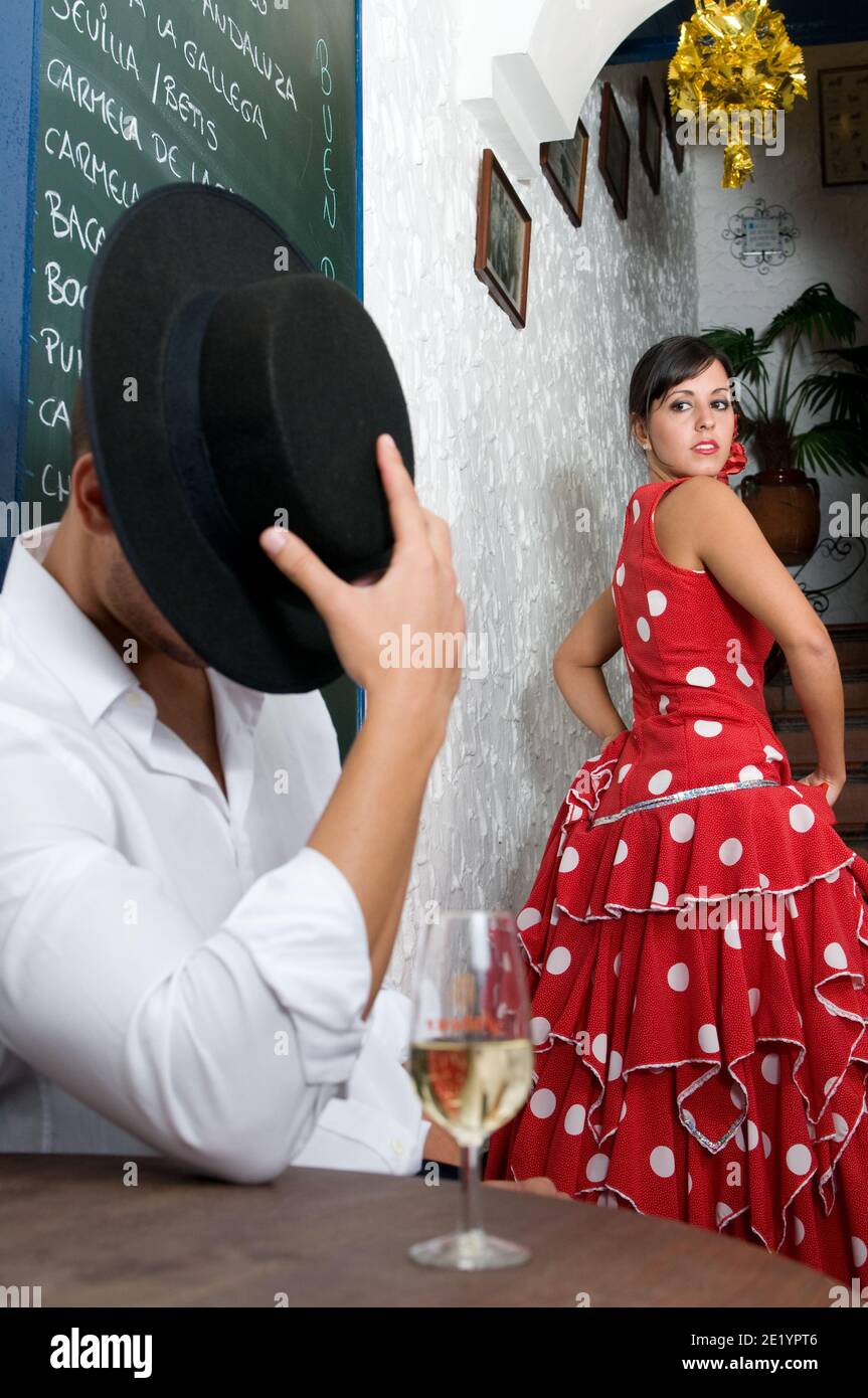 Spanish flamenco dancers during the Seville fair dancing sevillanas ...