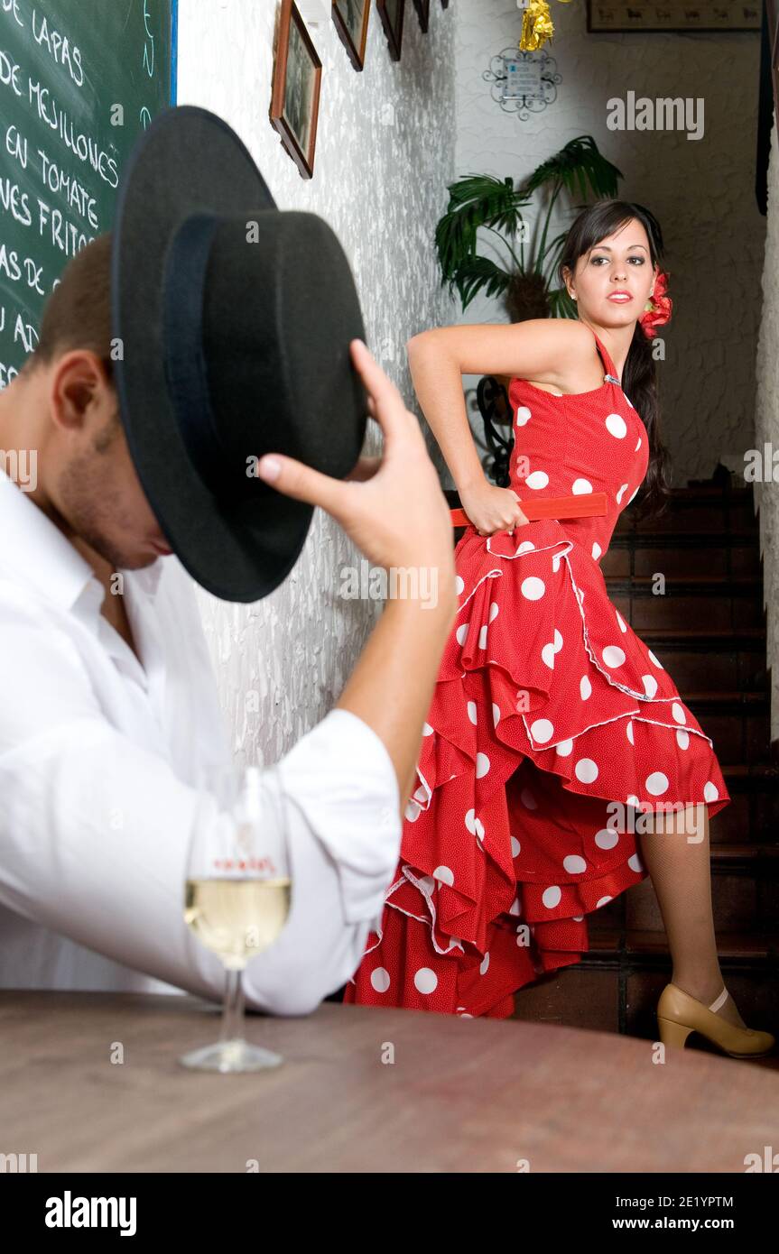 Spanish flamenco dancers during the Seville fair dancing sevillanas ...