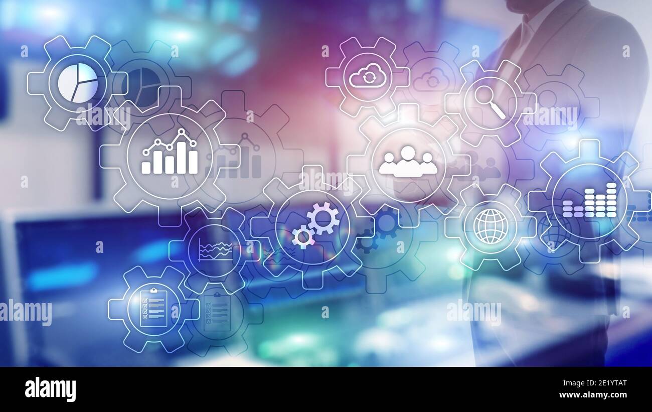 Business process abstract diagram with gears and icons. Workflow and ...
