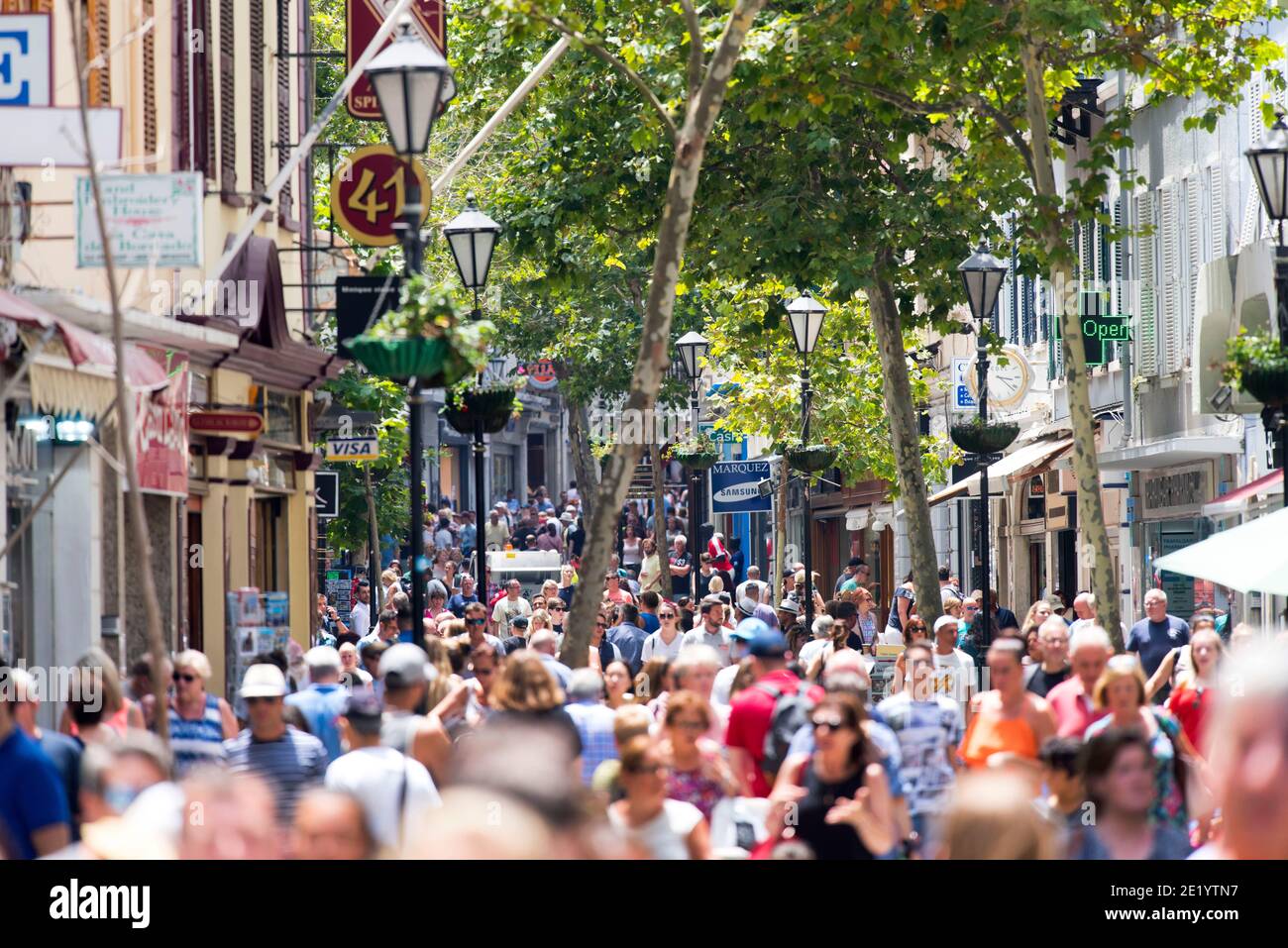 A general view of a busy Main Street in Gibraltar. Main Street is the ...