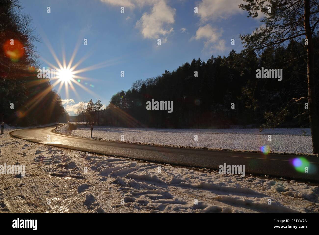road through winter woodlands in direction of the sun Stock Photo - Alamy