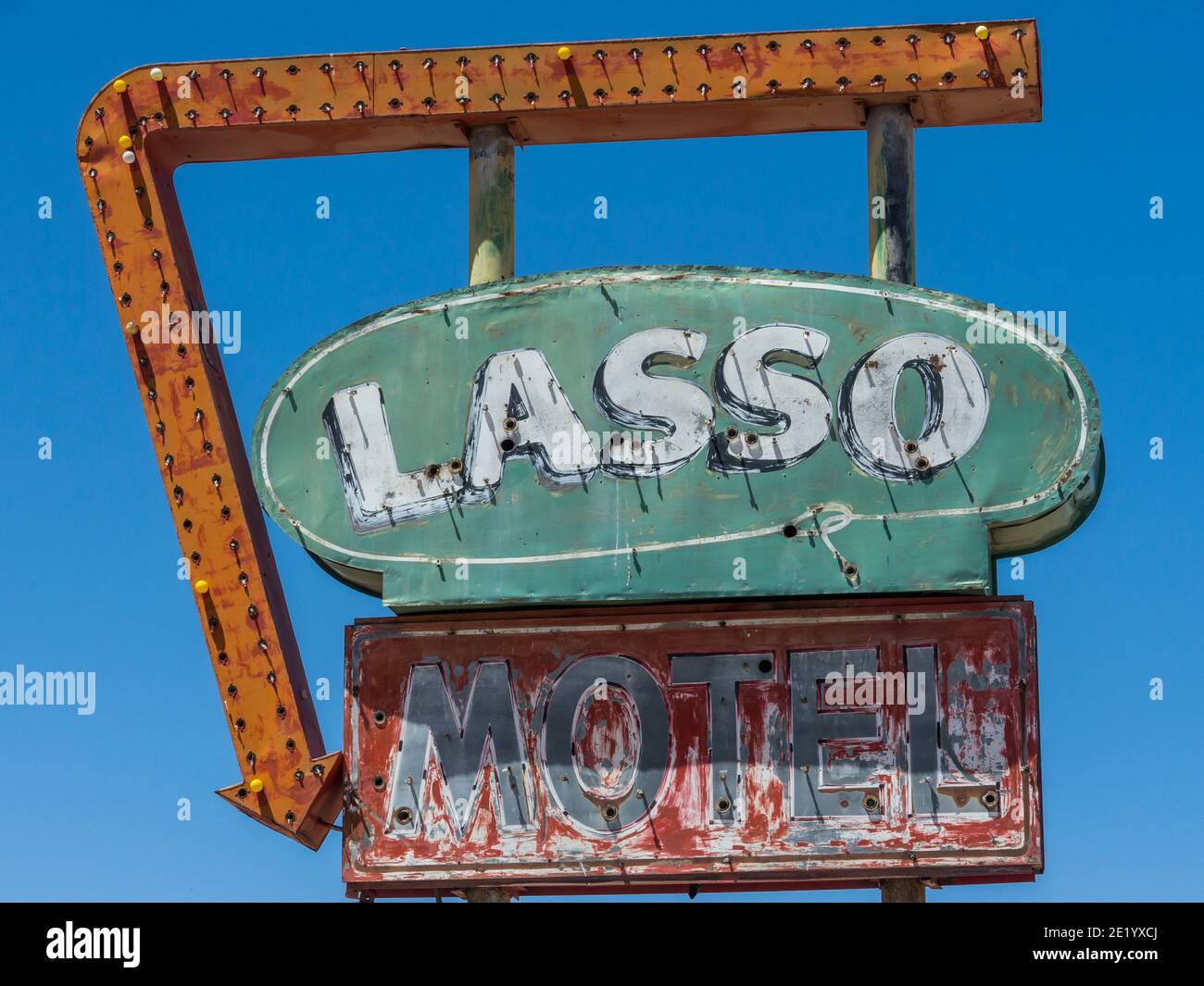 Sign for the Lasso Motel, an abandoned motel on historic Route 66 in ...