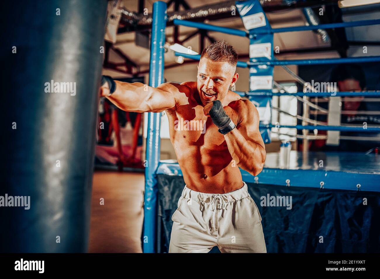 Boxer training on a punching bag in the gym Stock Photo - Alamy