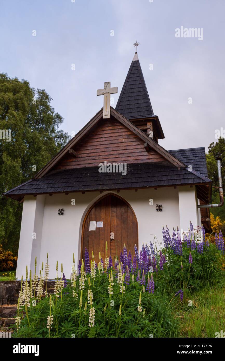 Virgen del Lago chapel during spring season at Los Alerces National ...