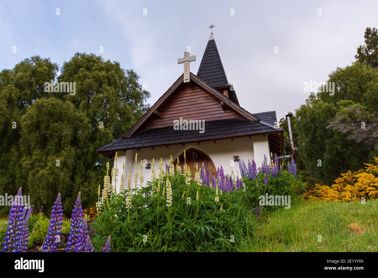 Virgen del Lago chapel during spring season at Los Alerces National ...