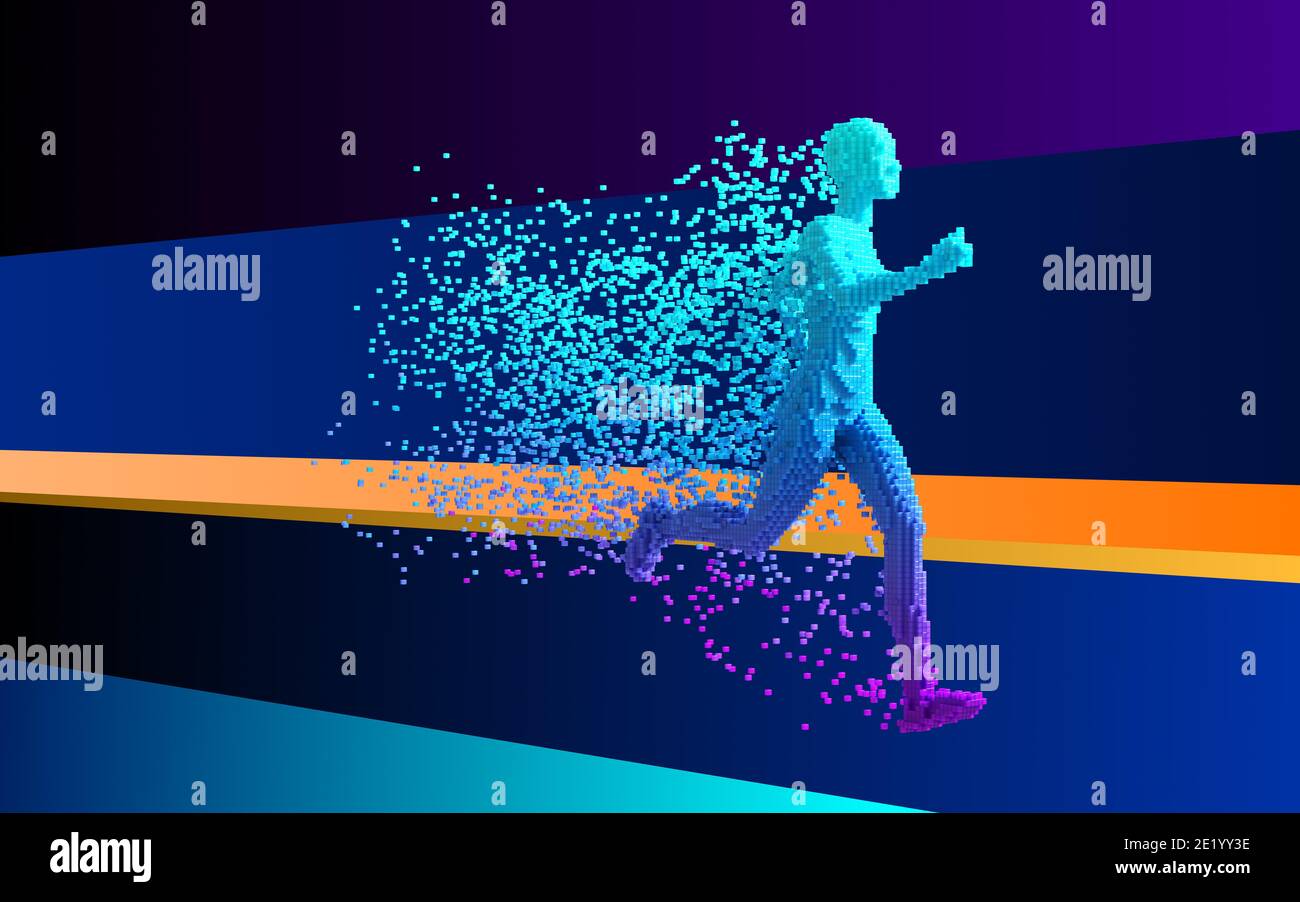 Digital person runs and leaves a trail of 3d pixels. 3D illustration ...