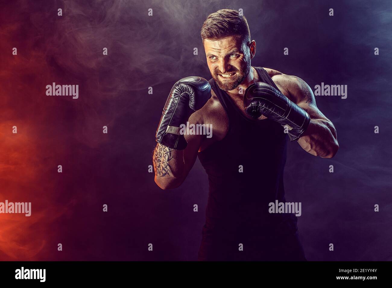 Sportsman boxer fighting on black background with shadow. Copy Space ...