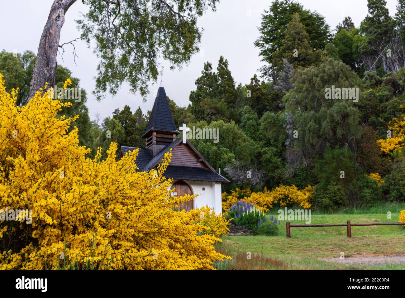 Virgen del Lago chapel during spring season at Los Alerces National ...