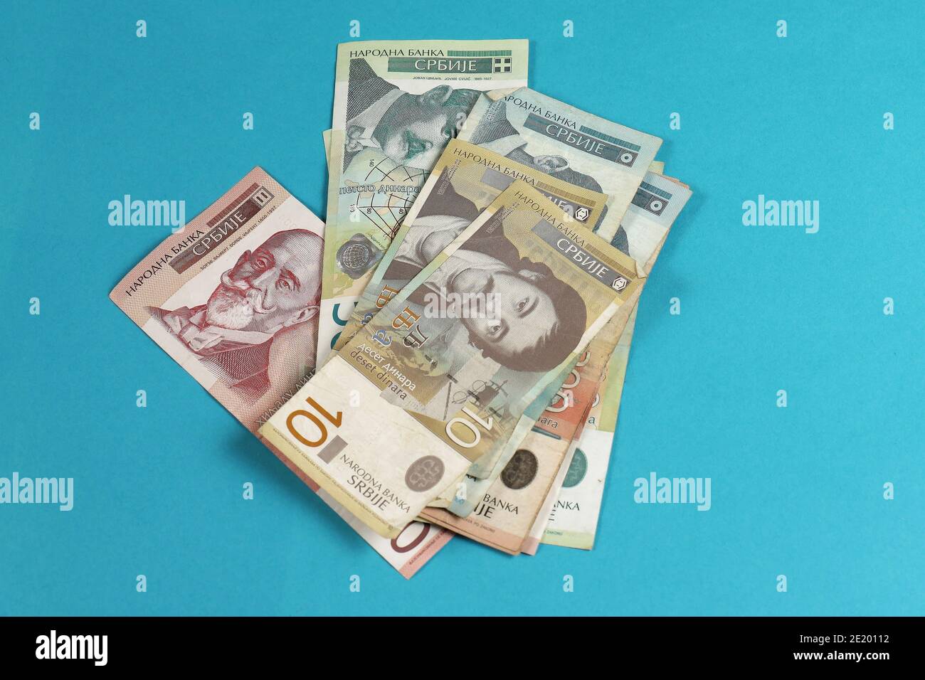 2021 current Serbian dinar paper money bank notes on blue background ...