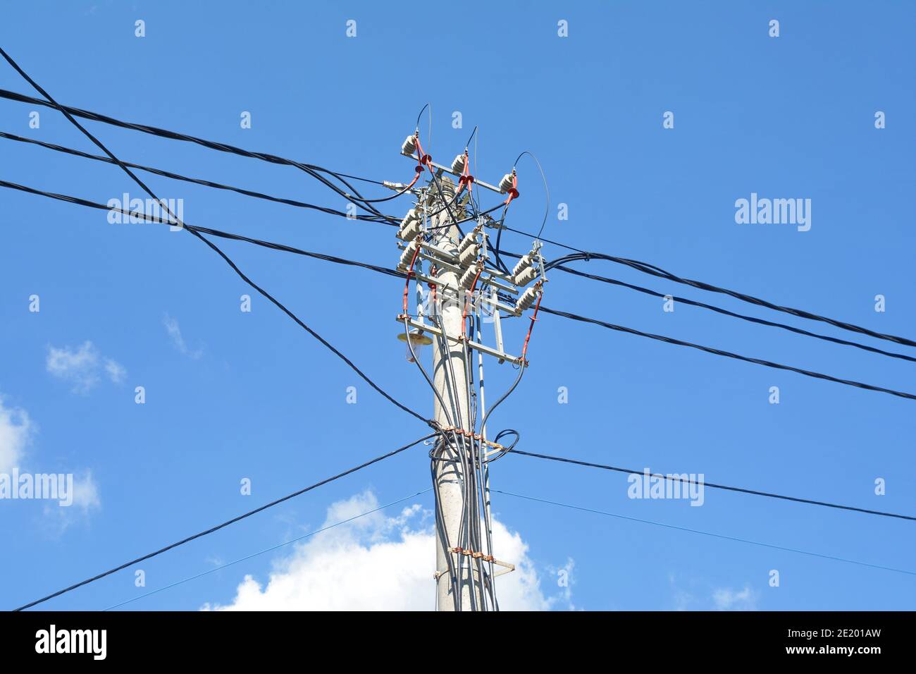 Overhead assorted cable pole Stock Photo - Alamy