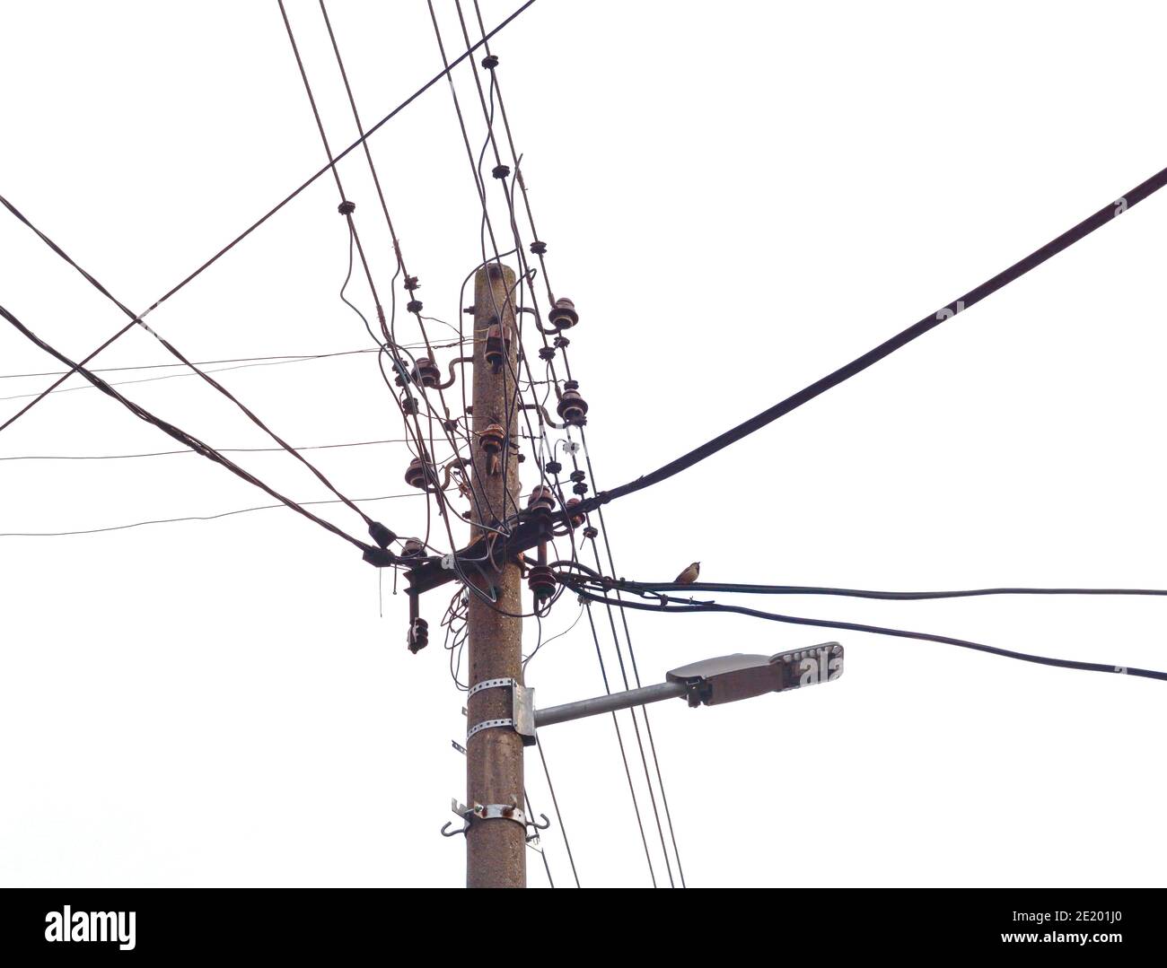 Many electric wires on concrete street pole with internet or cell phone ...