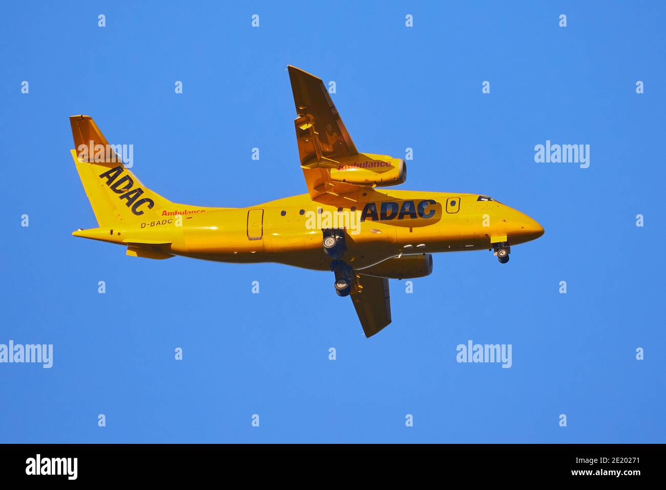 NUREMBERG, GERMANY - JANUAR 10 2021: German ADAC, Yellow air ambulance ...