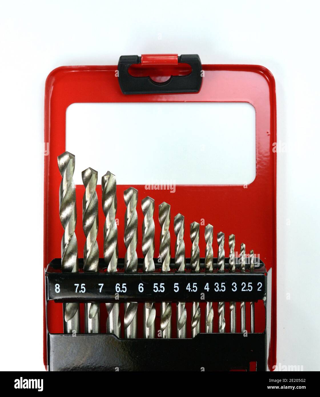 A set of drills for metal in the package isolated on white background ...