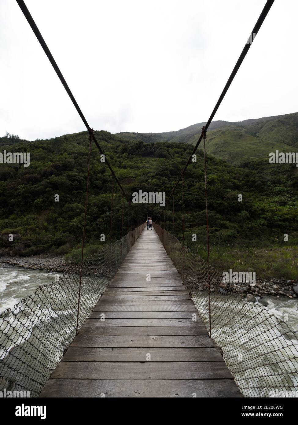 Wooden cable suspension bridge over Urubamba river Inca Jungle Trail ...