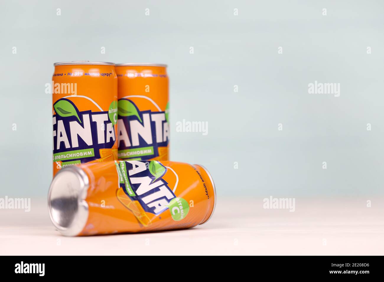 KHARKOV, UKRAINE - DECEMBER 8, 2020: Aluminium cans of Fanta soft drink ...