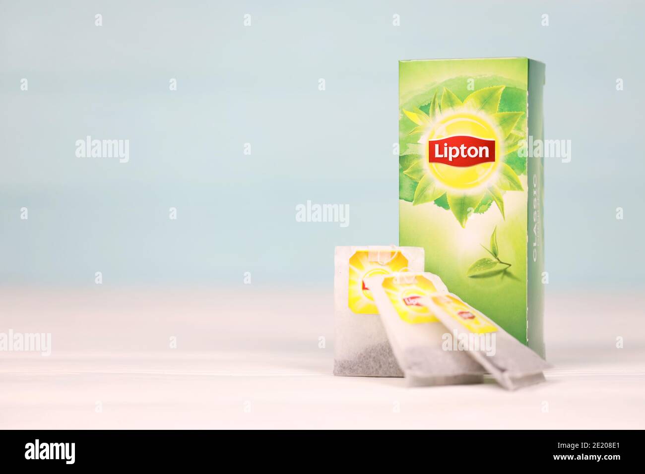 KHARKOV, UKRAINE - DECEMBER 8, 2020: Lipton classic green tea bags ...