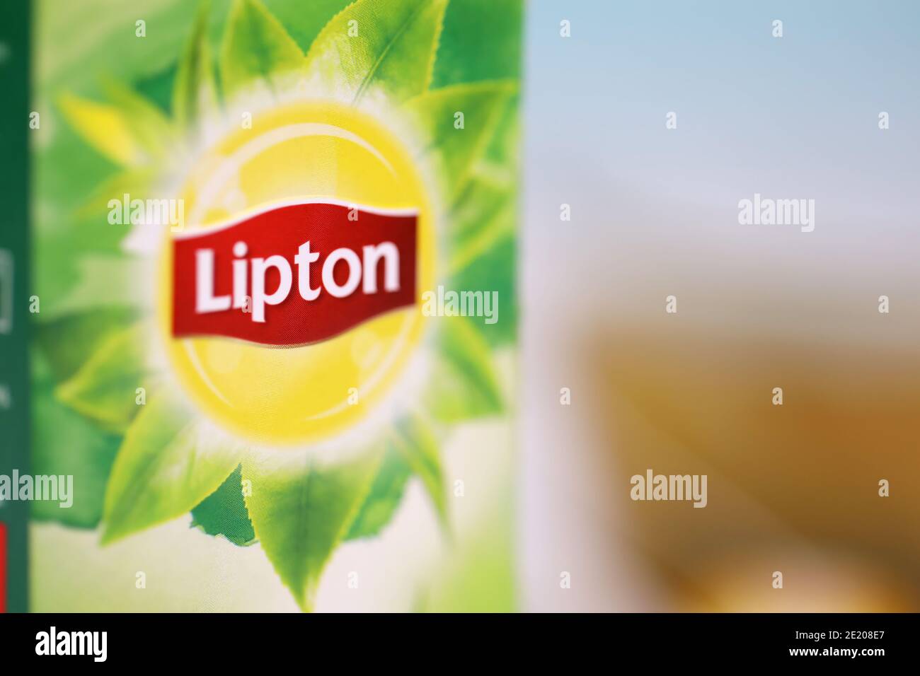 KHARKOV, UKRAINE - DECEMBER 8, 2020: Lipton classic green tea bags ...