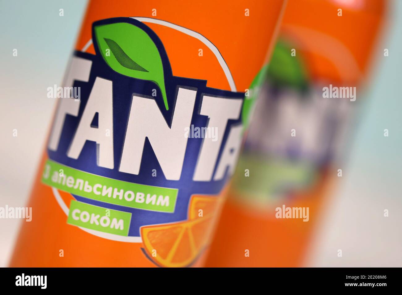 KHARKOV, UKRAINE - DECEMBER 8, 2020: Aluminium cans of Fanta soft drink ...