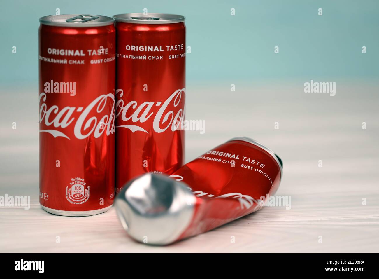 KHARKOV, UKRAINE - DECEMBER 8, 2020: Coca Cola aluminium drink cans on ...