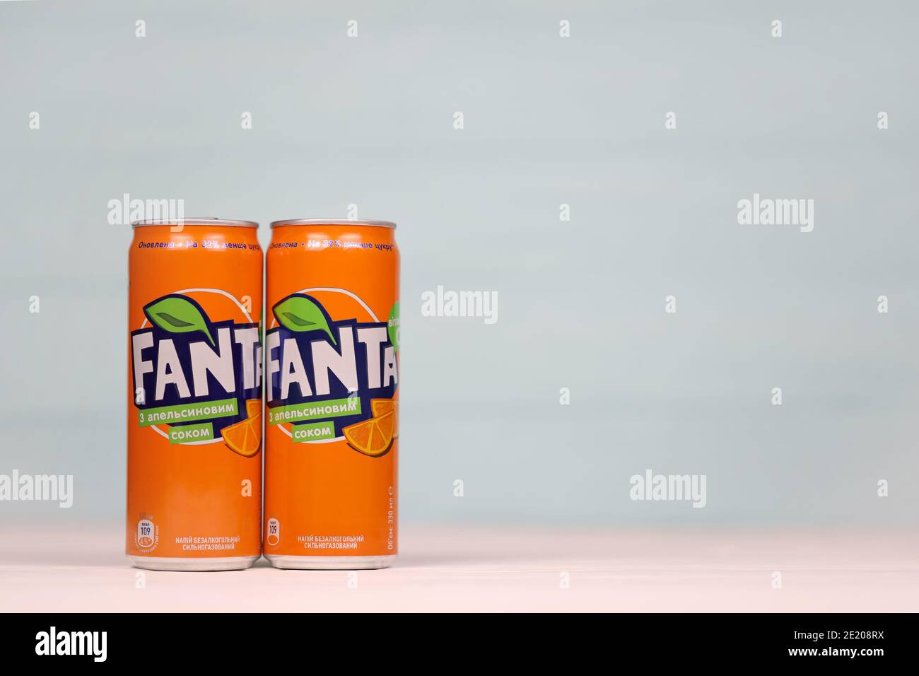 KHARKOV, UKRAINE - DECEMBER 8, 2020: Aluminium cans of Fanta soft drink ...