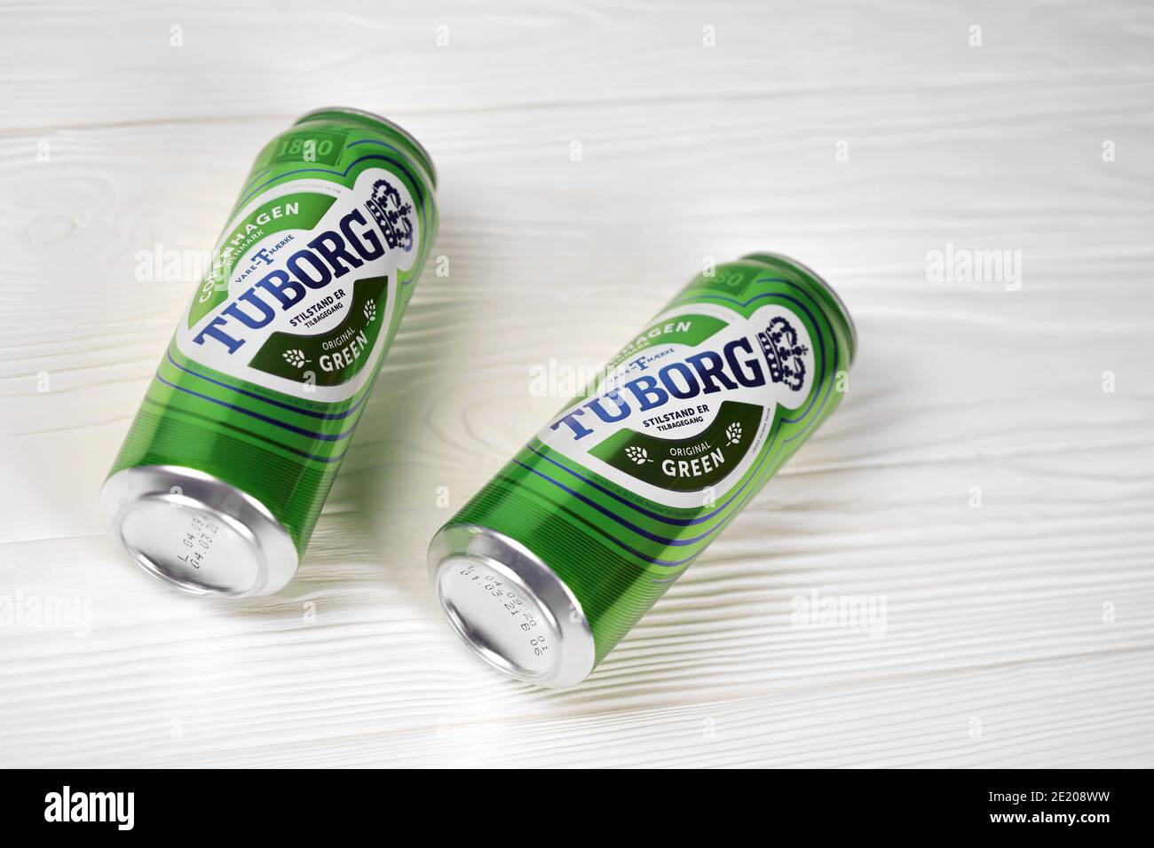 KHARKOV, UKRAINE - DECEMBER 8, 2020: Aluminium cans of green Tuborg ...