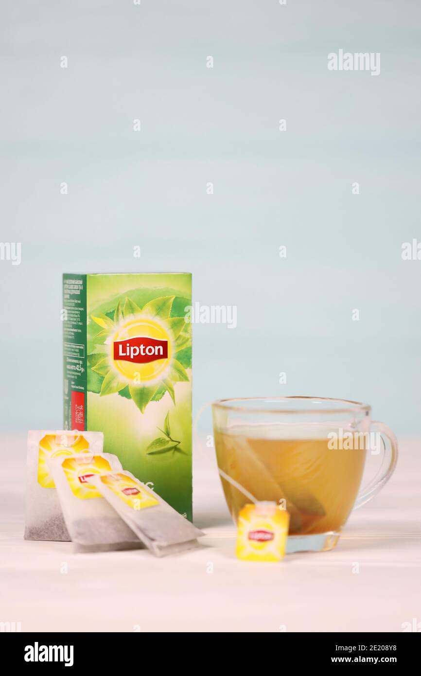 KHARKOV, UKRAINE - DECEMBER 8, 2020: Lipton classic green tea bags ...