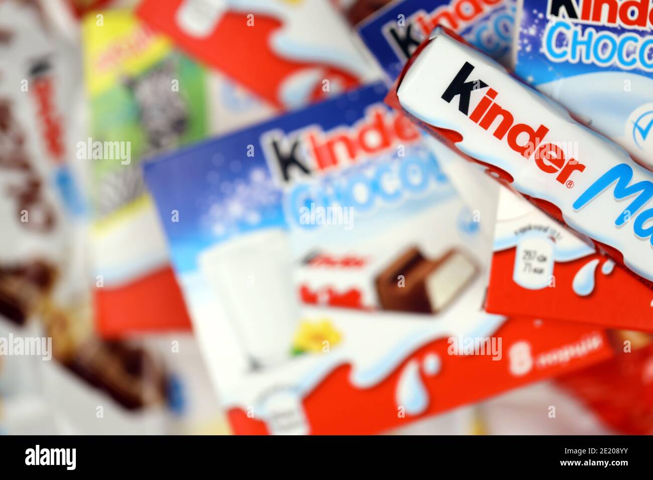 KHARKOV, UKRAINE - DECEMBER 8, 2020: Many different products by Kinder ...