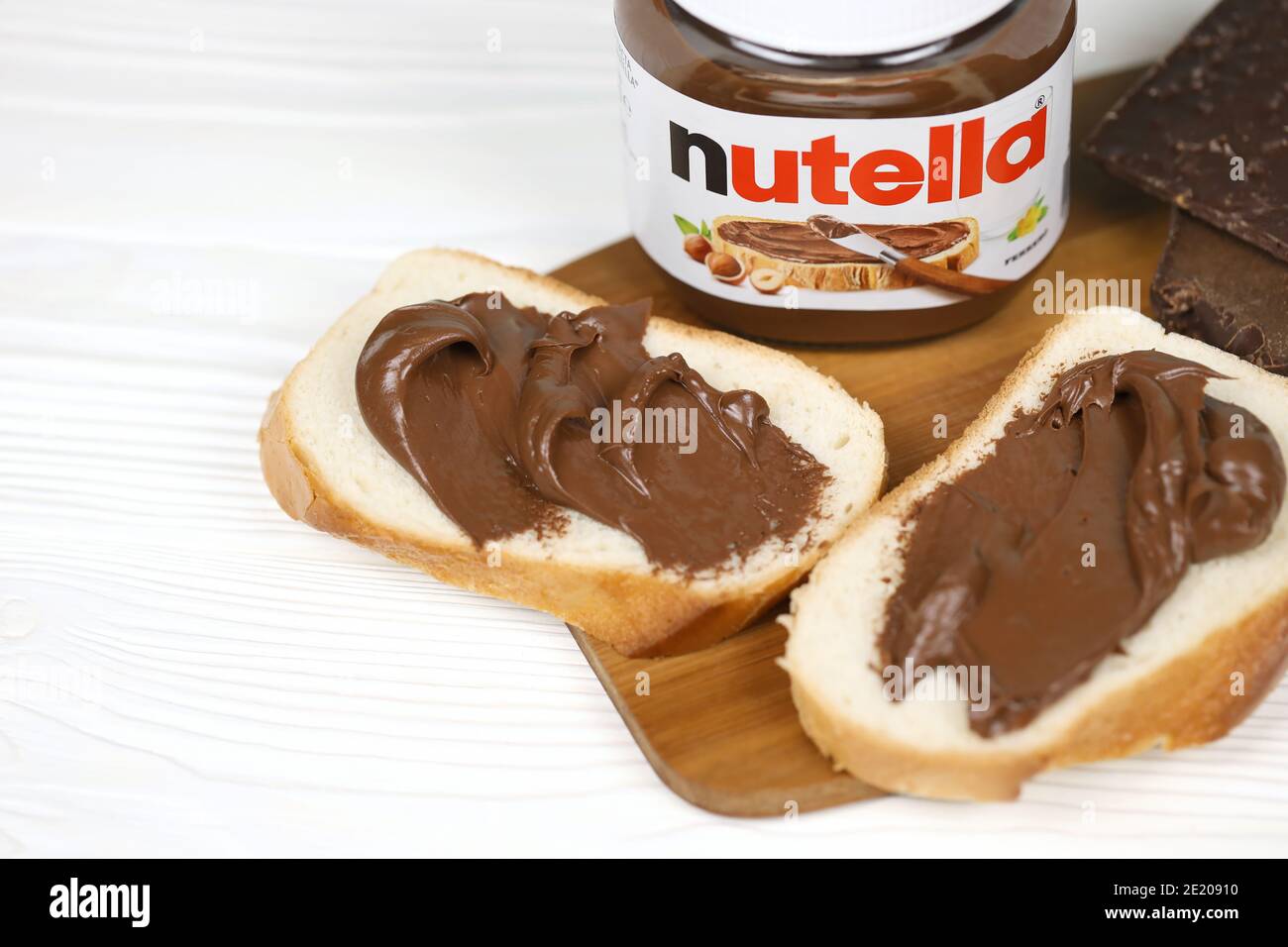 KHARKOV, UKRAINE - DECEMBER 27, 2020: Nutella glass can and spread on ...