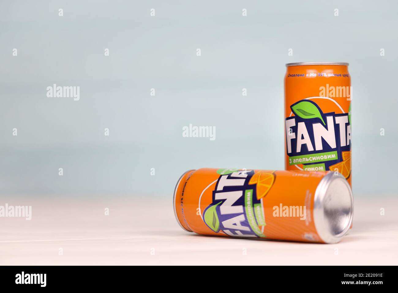 KHARKOV, UKRAINE - DECEMBER 8, 2020: Aluminium cans of Fanta soft drink ...
