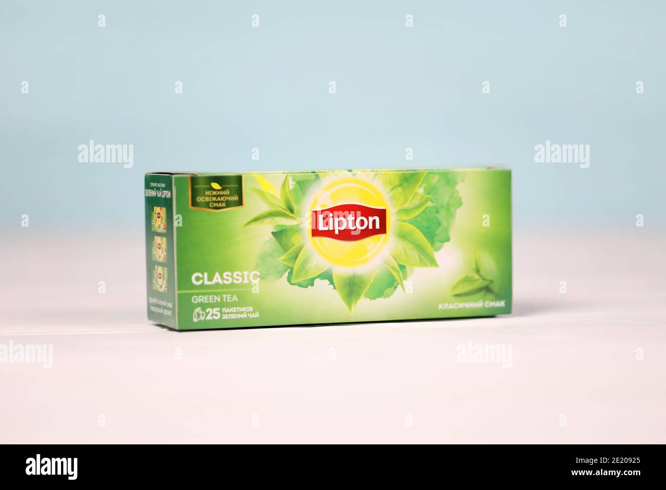 KHARKOV, UKRAINE - DECEMBER 8, 2020: Lipton classic green tea bags ...
