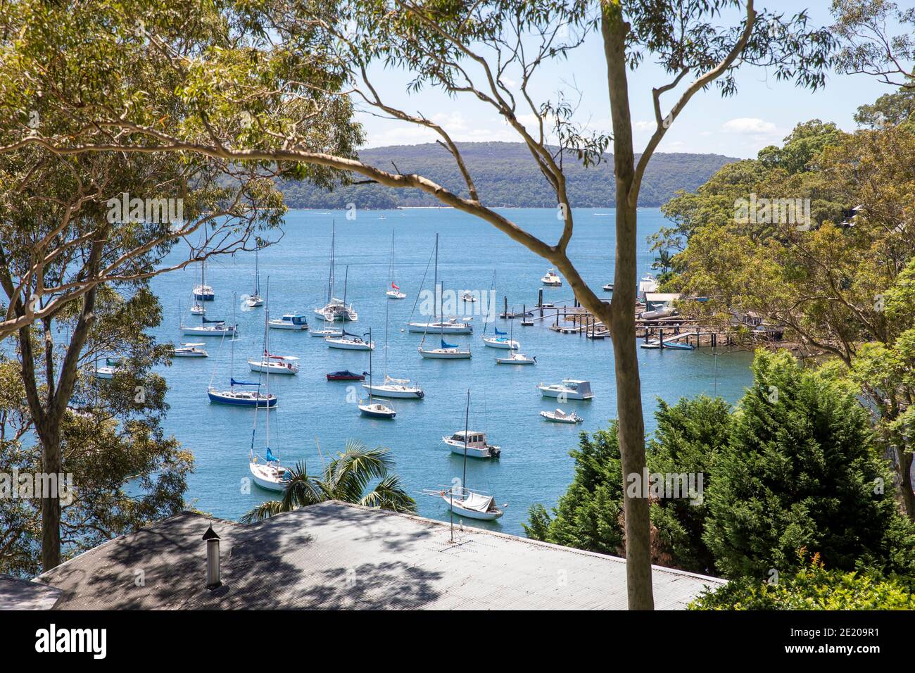 Pittwater in Sydney north and view of boats moored, Sydney,NSW ...