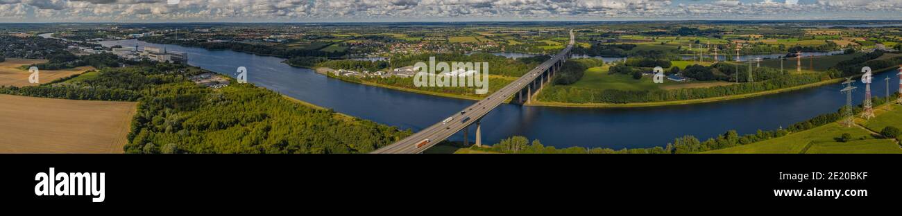 Aerial view of the German motorway bridge A7, near Rendsburg, Germany ...