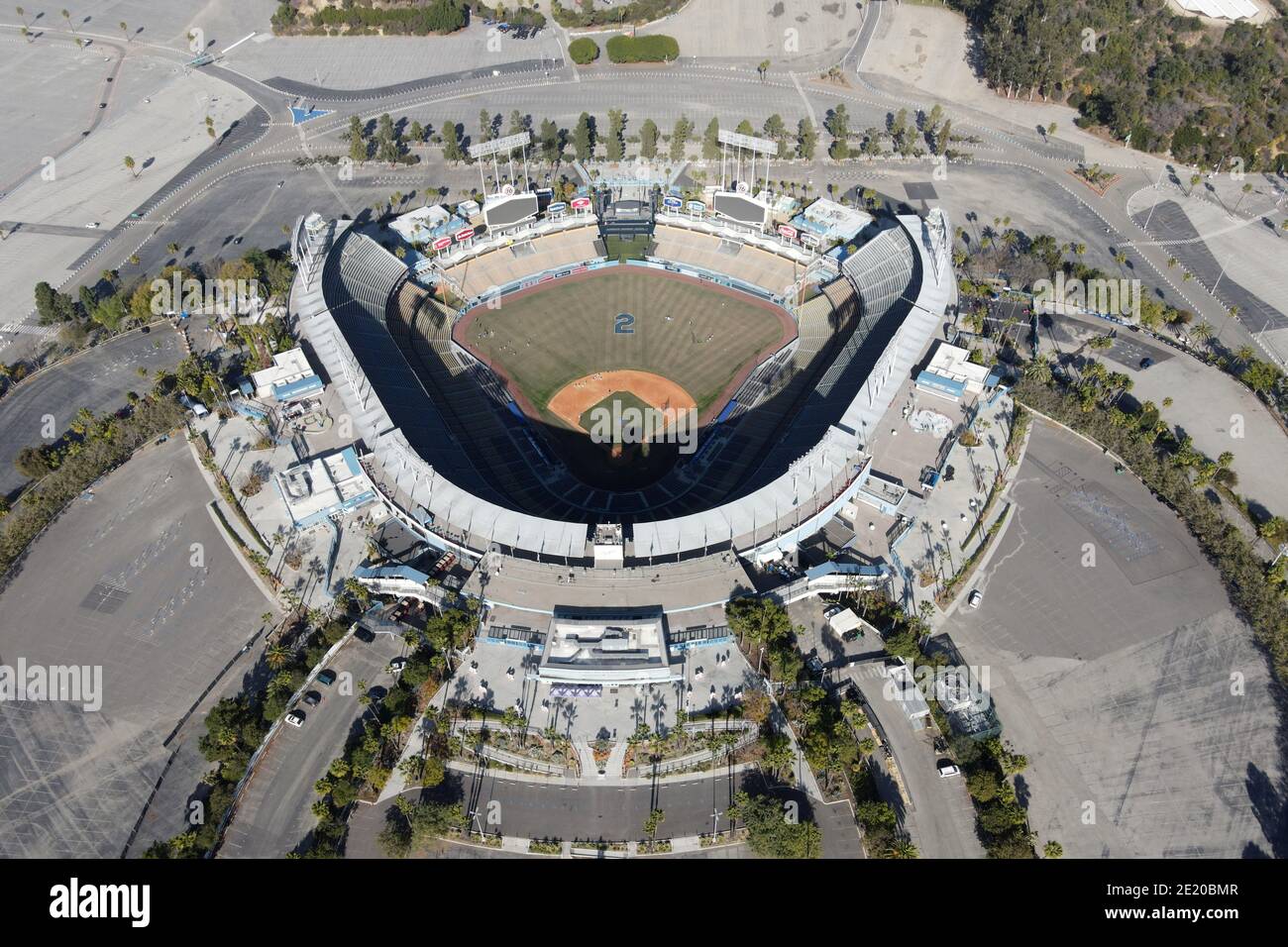 An aerial view of Dodger Stadium with the No. 2 in centerfield in honor ...