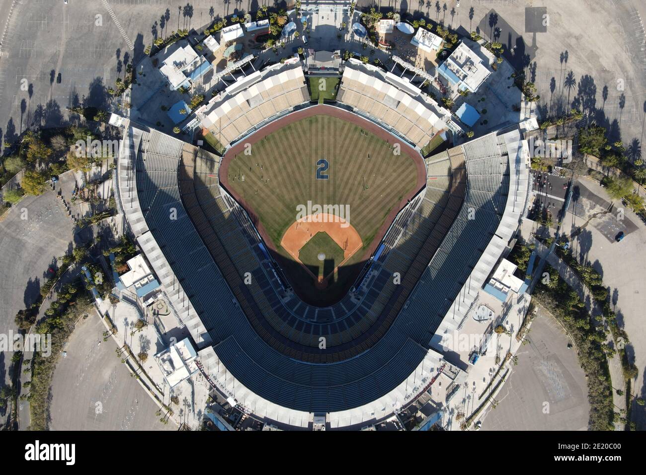 An aerial view of Dodger Stadium with the No. 2 in centerfield in honor ...