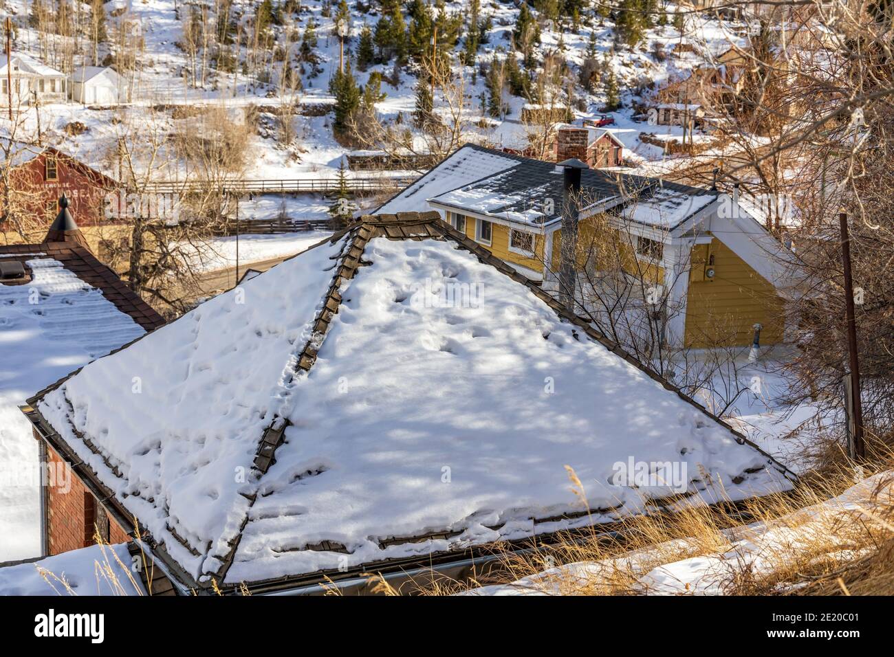 Snow on the roofs of old wooden houses in Central City, Colorado Stock ...