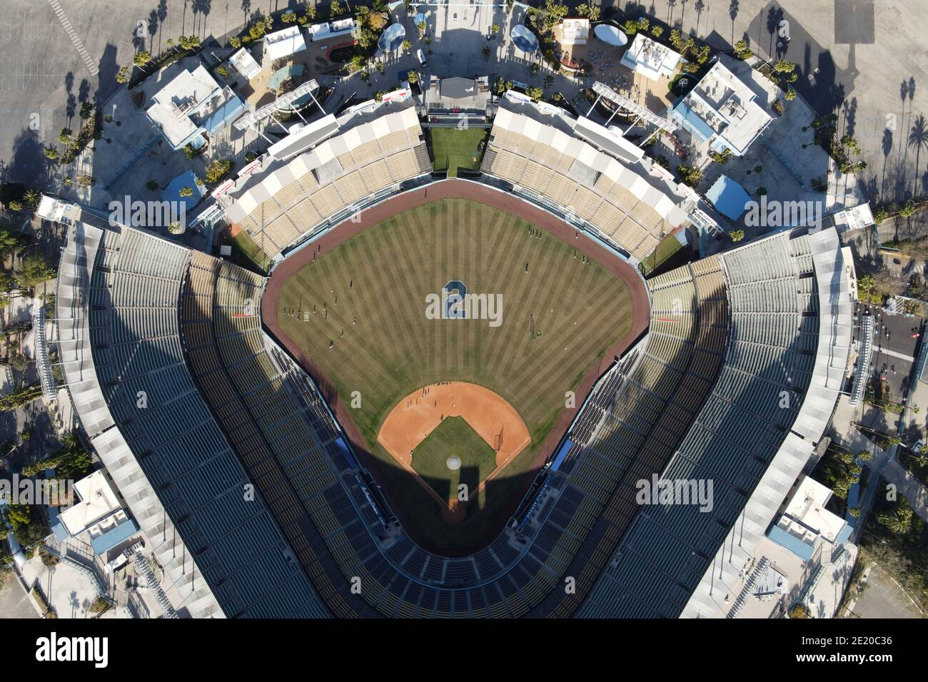 An aerial view of Dodger Stadium with the No. 2 in centerfield in honor ...