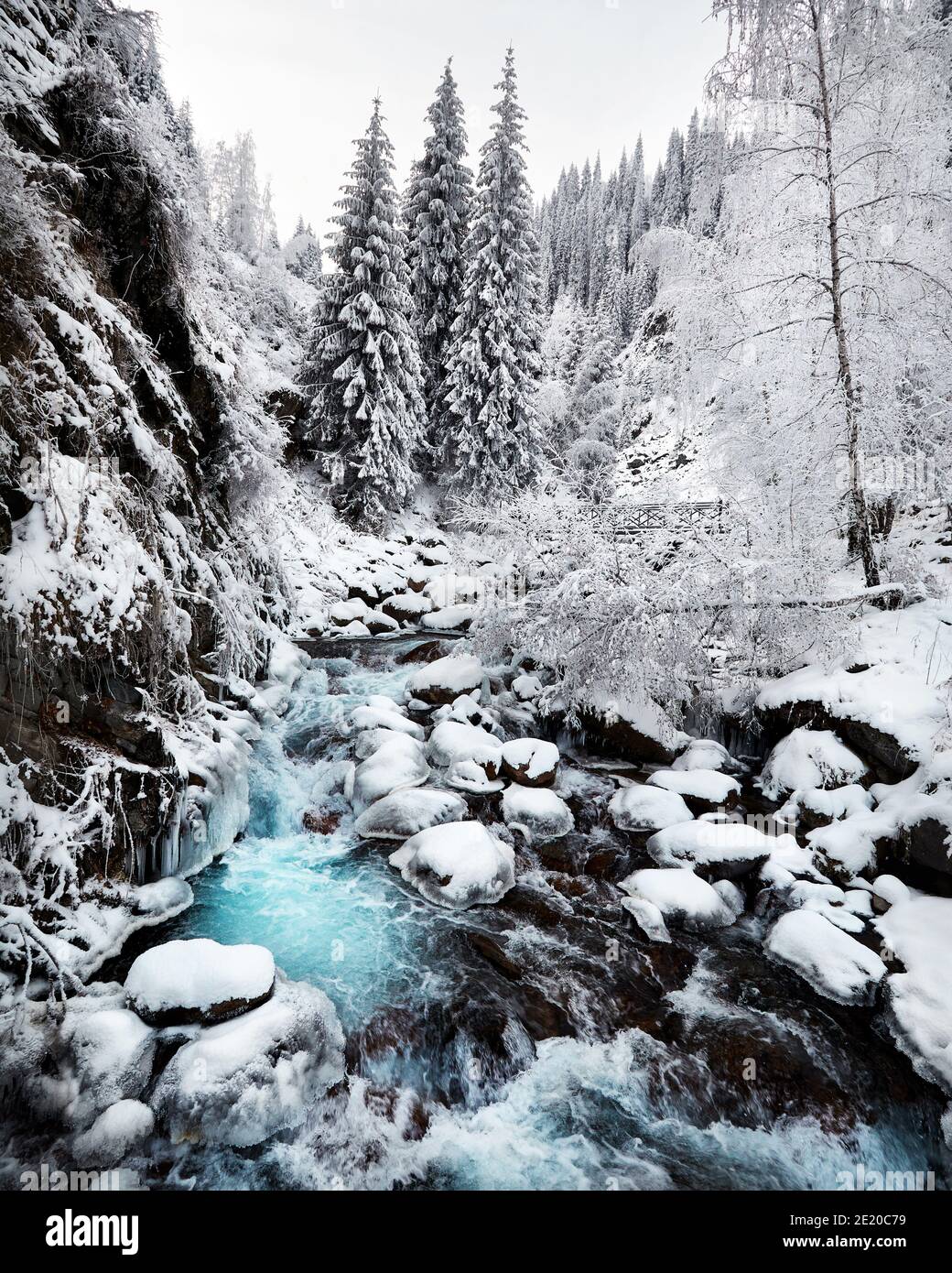 River and trees in an forest mountain and winter landscape hi-res stock ...