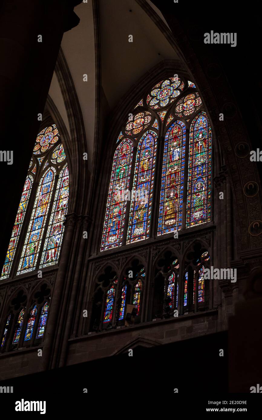 Stained glass windows in the gothic Cathedral of Notre Dame in ...