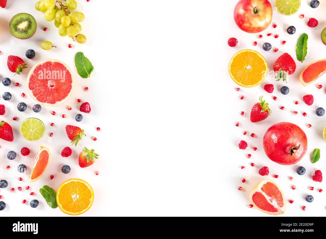 Fresh fruit design template, a flat lay on a white background with copy ...