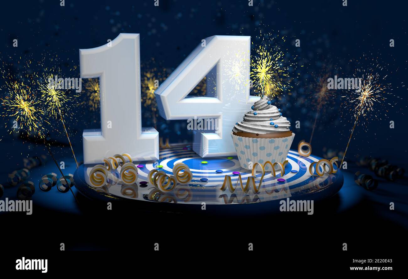 Cupcake with sparkling candle for 14th birthday or anniversary with big ...