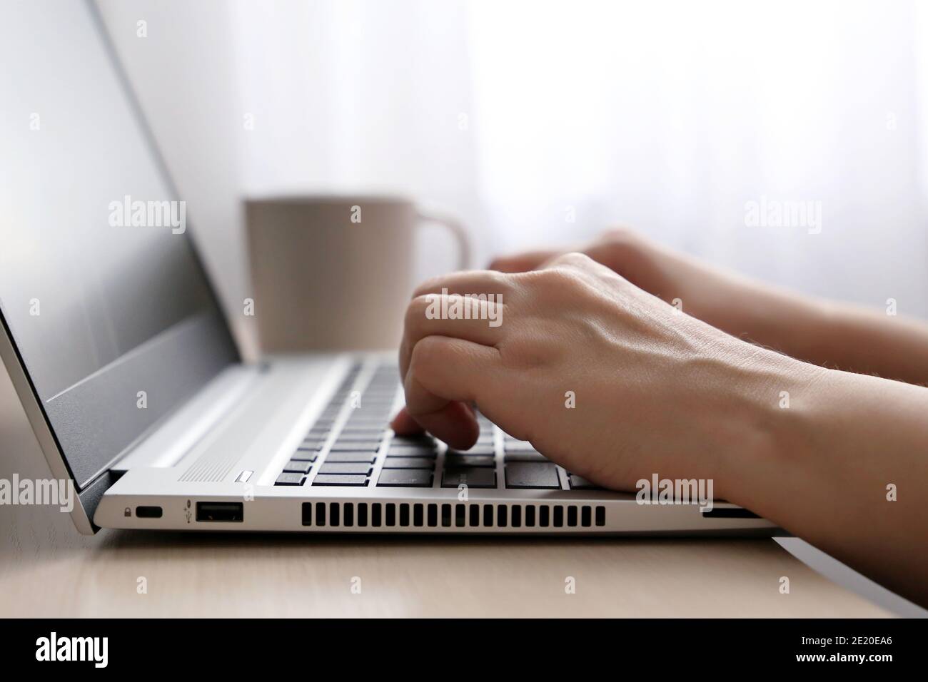 Female hands on laptop keyboard on a desk in sunlight. Woman types on ...