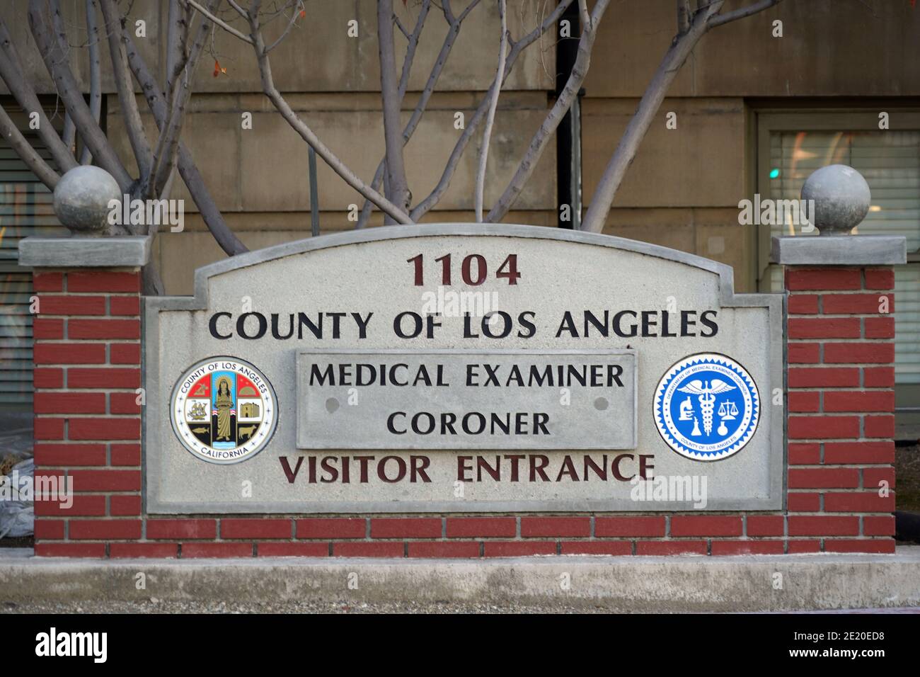 A Los Angeles County Coroner Department sign at the L.A. County Medical Center visitor entrance ...
